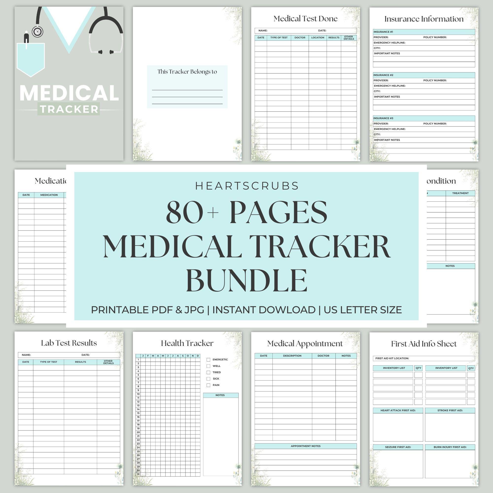 80+ Pages Printable Medical Tracker, Medical Planner Bundle, Light Blue ...