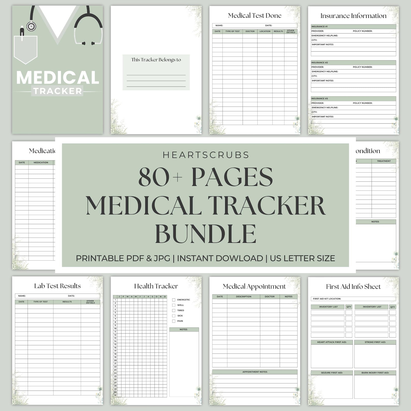 Medical Tracker Bundle, Medical Planner, Printable Sage Green ...