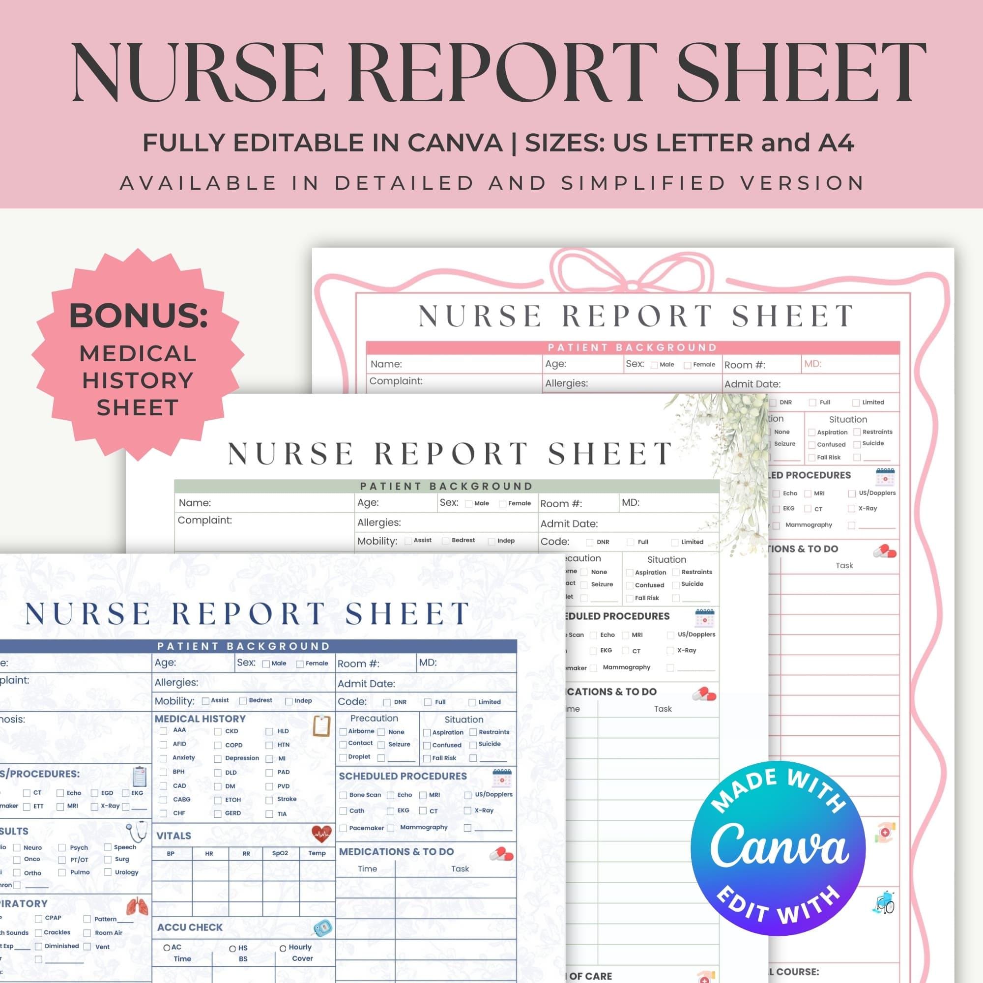 Editable Nurse Report Sheet: ICU Handoff, Medication Log (canva ...