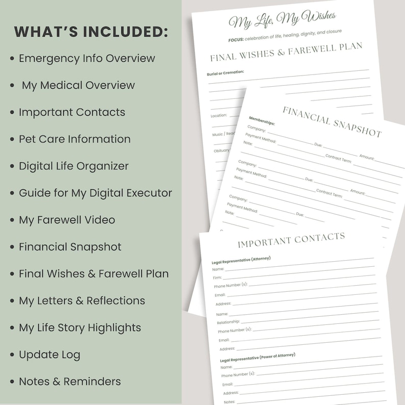 End of Life Planner Printable - Legacy Journal and Emergency Binder PDF ...