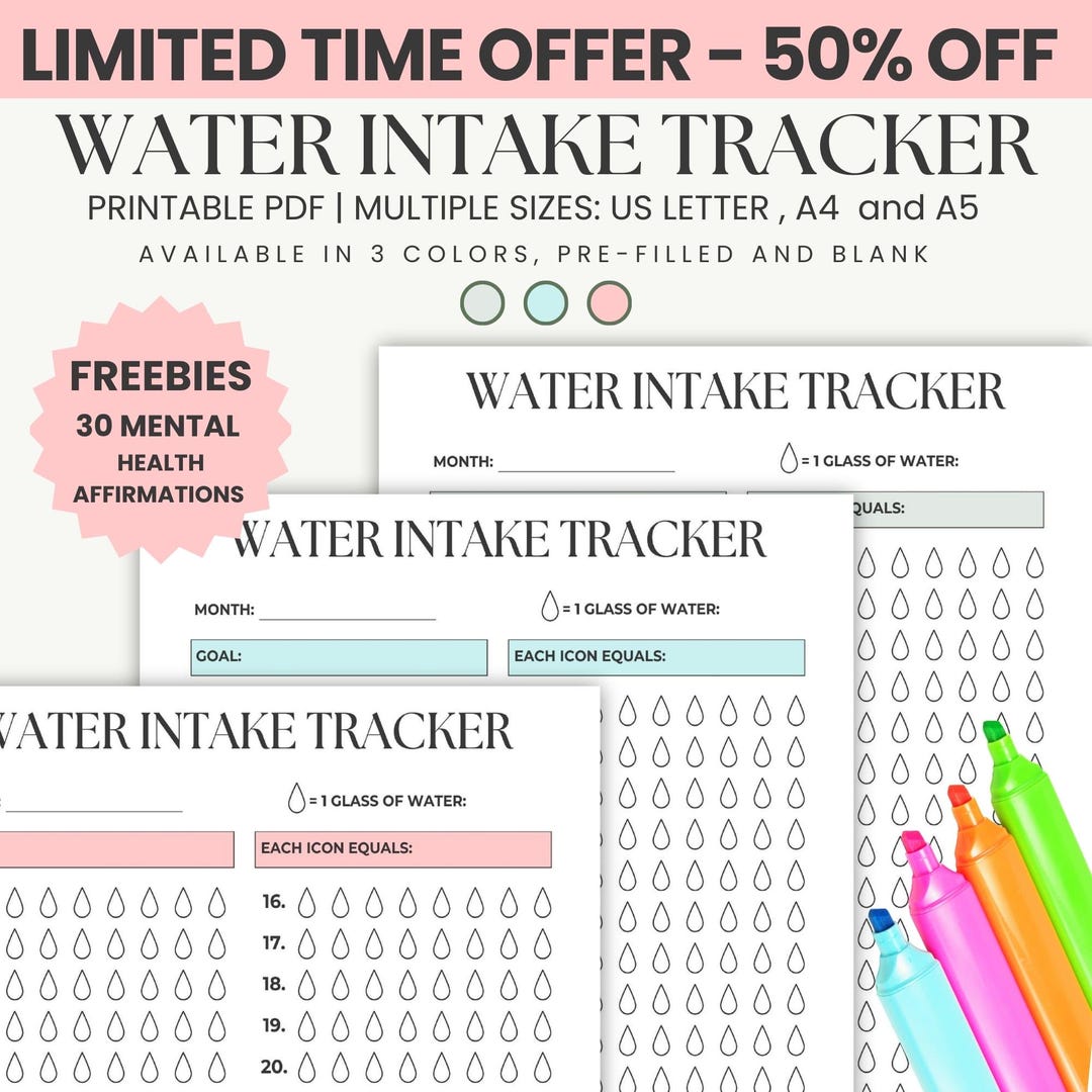 Printable Water Tracker, Hydration Log PDF, Daily Wellness Tracker ...