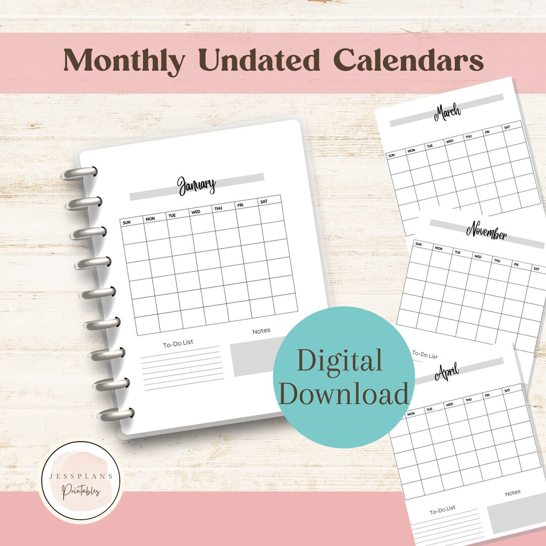 Undated Monthly Calendar Bundle | Calendar Planner Inserts | PDF ...