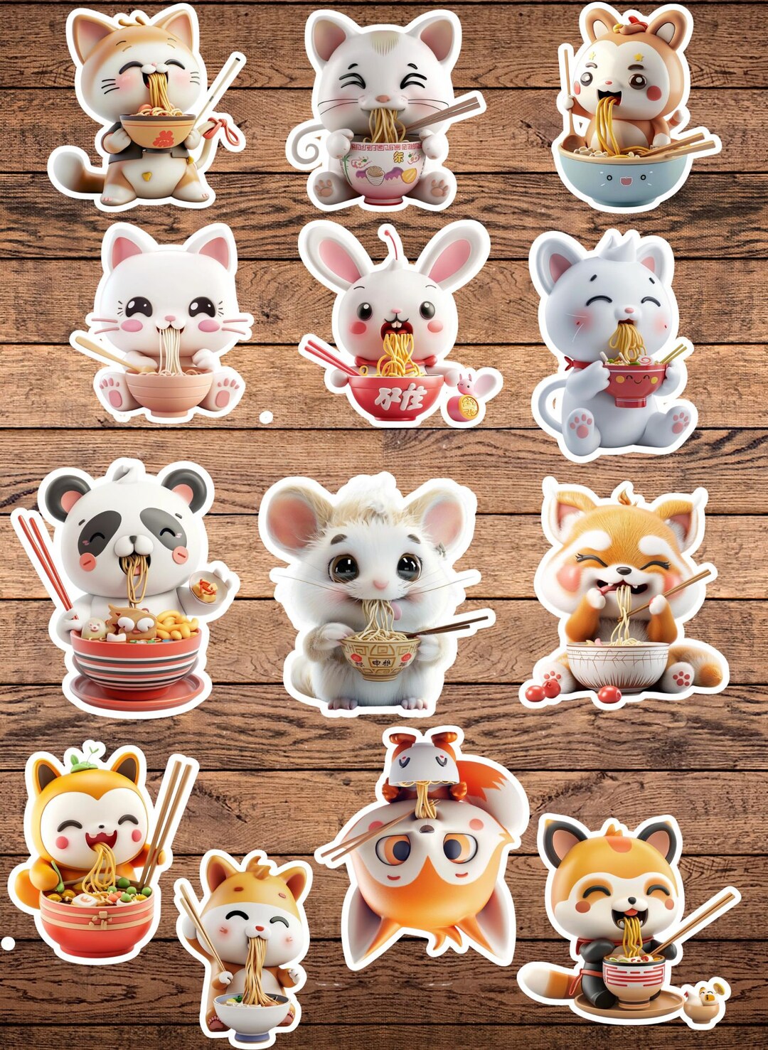 Colorful Cartoon Animals Eating Ramen Die Cut Sticker Set | Sticker ...