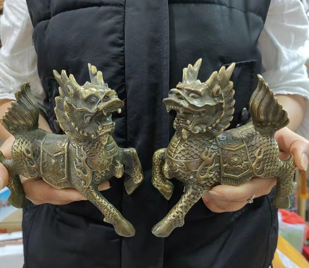 Pair Copper Qi Lin Statue pixiu Figurine,the Sacred Dragon Horse in ...