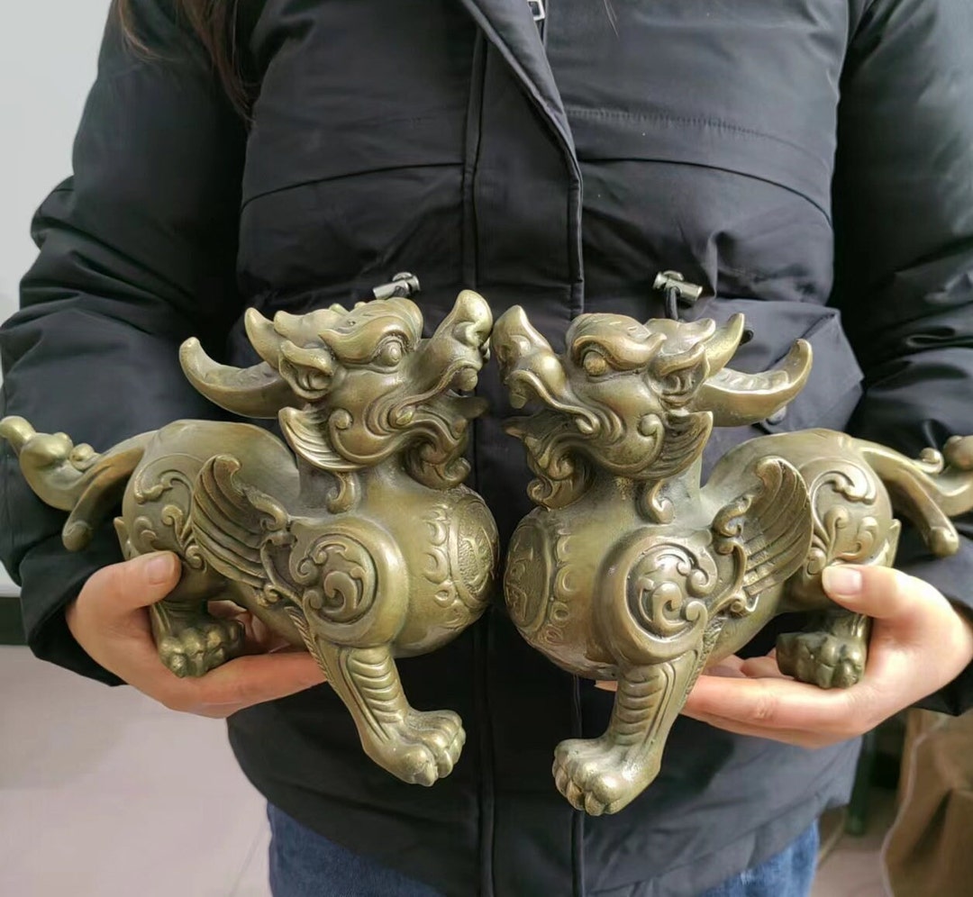 Pair Copper Chi Lin Statue qi Lin Figurine, the Sacred Dragon Horse in ...
