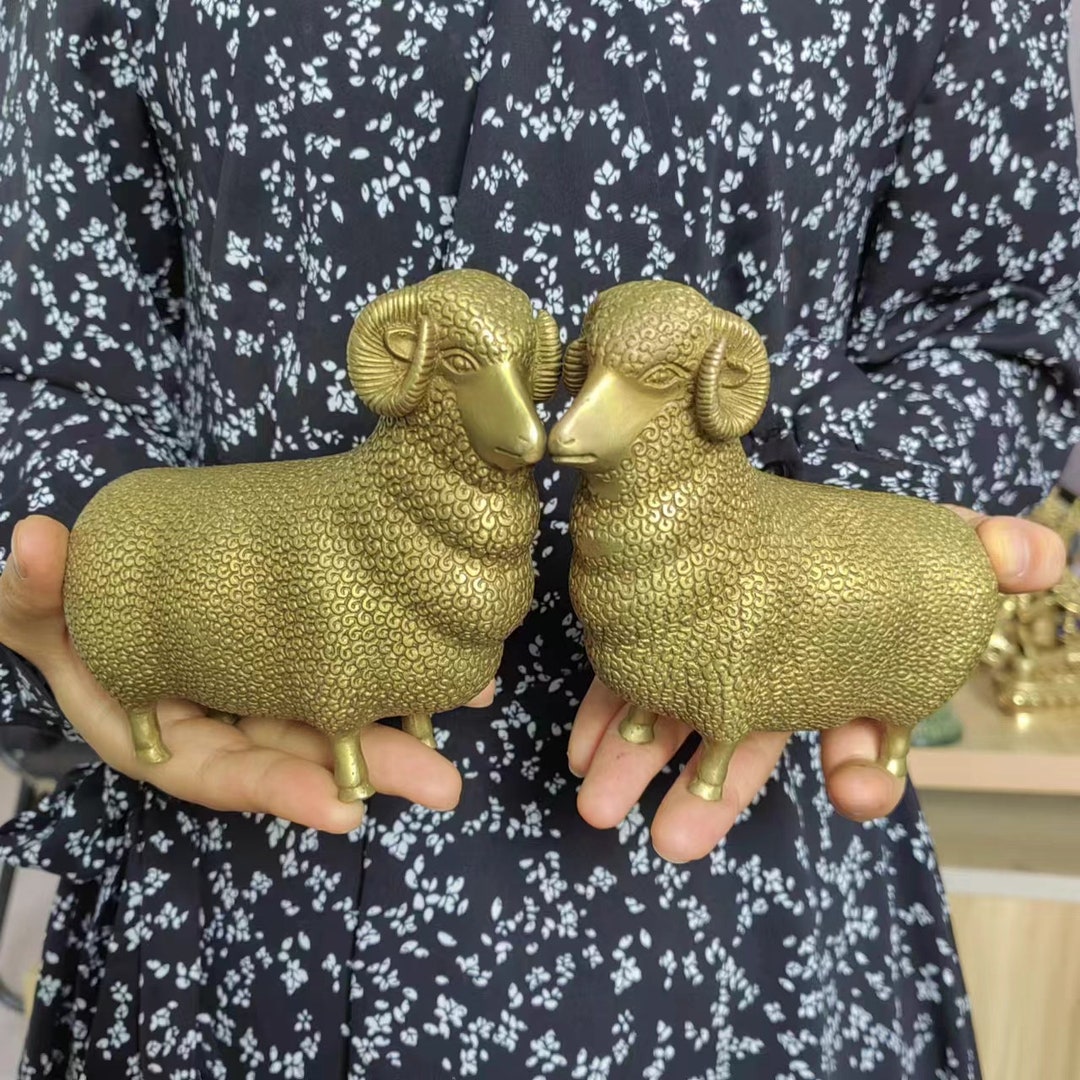 Pair Vintage Style Brass Sheep Statue Handcrafted Realistic Wool ...