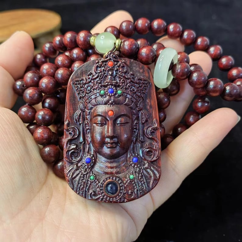 FINE Natural Wood Buddha Pendant Necklace Rosary Mala Nepalese Buddhist ...