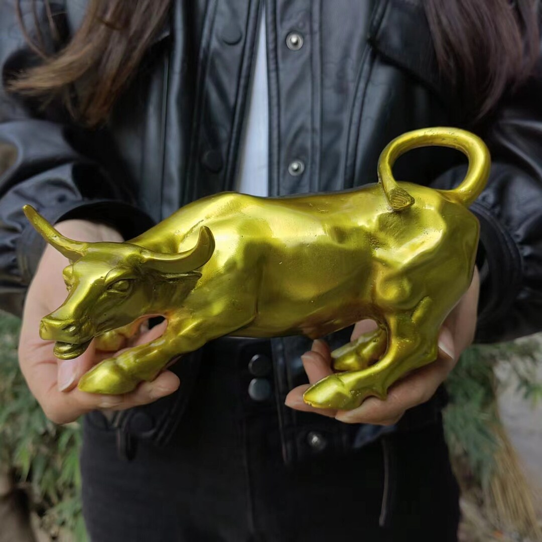 Pure Copper Wall Street Bull Statue Sculpture, Brass Cow Ox Statuette ...