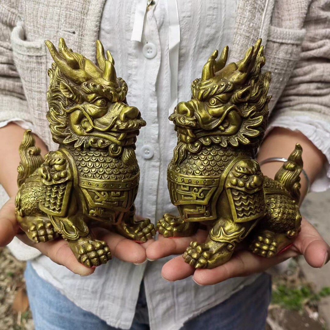 Pair Copper Qilin Statue qi Lin Figurine,the Sacred Dragon Horse in ...