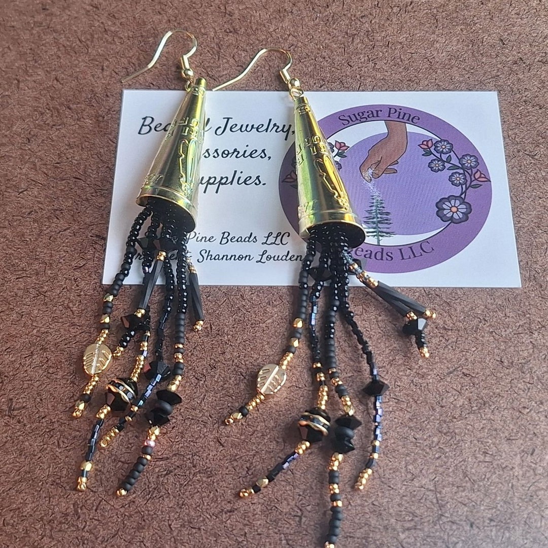 Miyuki Delica Beaded Black and Gold Jingle Cone Earrings Dangle Pow Wow ...