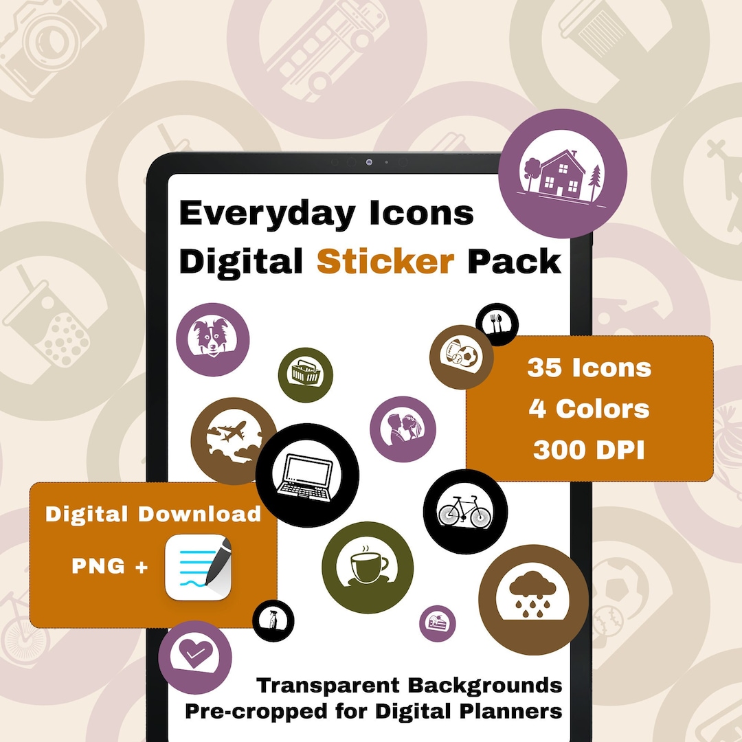 30 Everyday Icons Digital Sticker Pack | PNG + Goodnotes | Instant ...