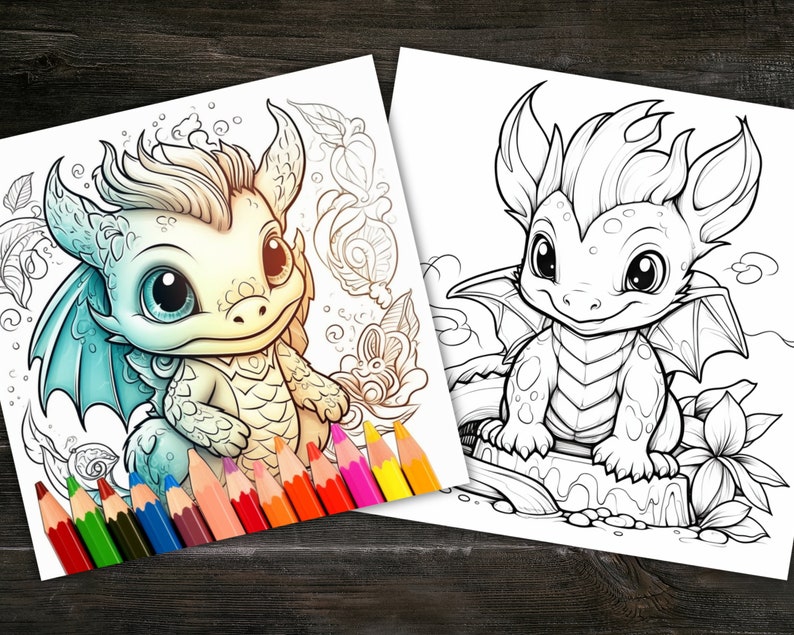 Cute Baby Dragon Fantasy Coloring Page Book, Adults + Kids- Instant ...