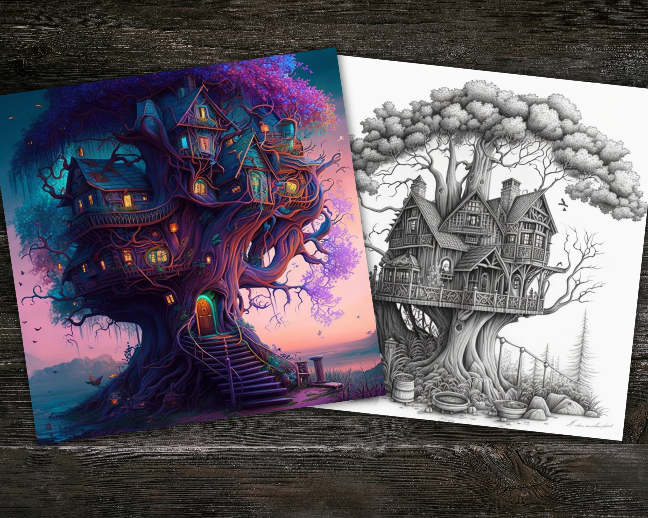 Enchanted Tree House Coloring Page, Adults + Kids- Instant Download ...