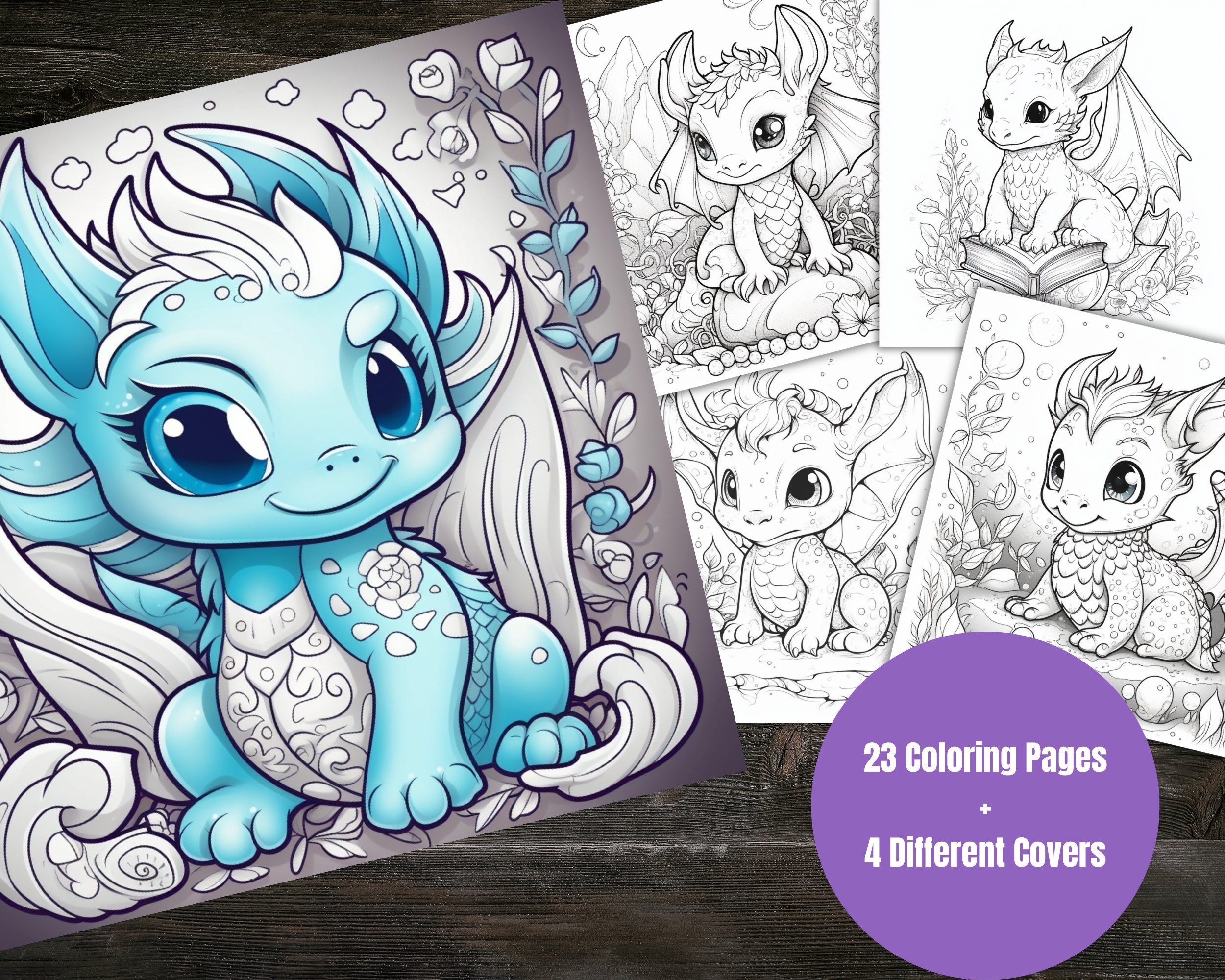 Cute Baby Dragon Fantasy Coloring Page Book, Adults + Kids- Instant ...
