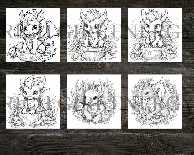 Cute Baby Dragon Fantasy Coloring Page Book, Adults + Kids- Instant ...