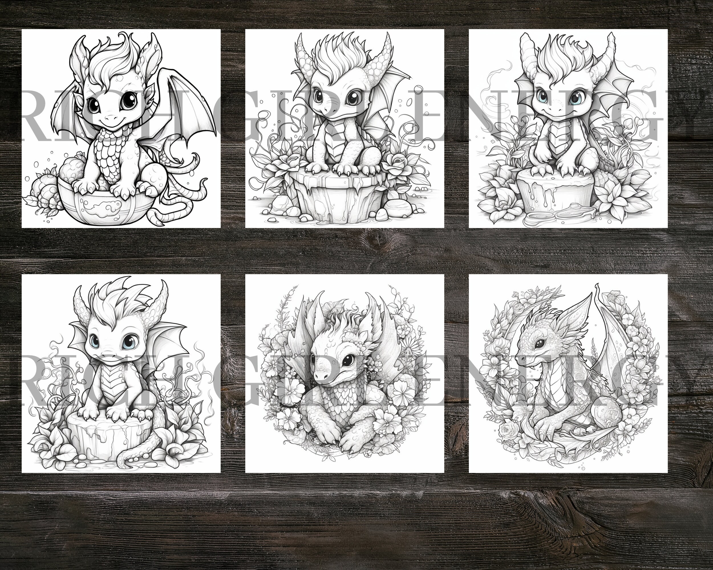 Cute Baby Dragon Fantasy Coloring Page Book, Adults + Kids- Instant ...