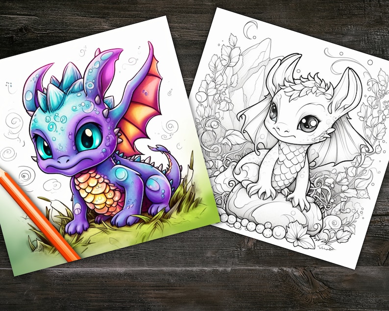 Cute Baby Dragon Fantasy Coloring Page Book Adults Kids - Etsy