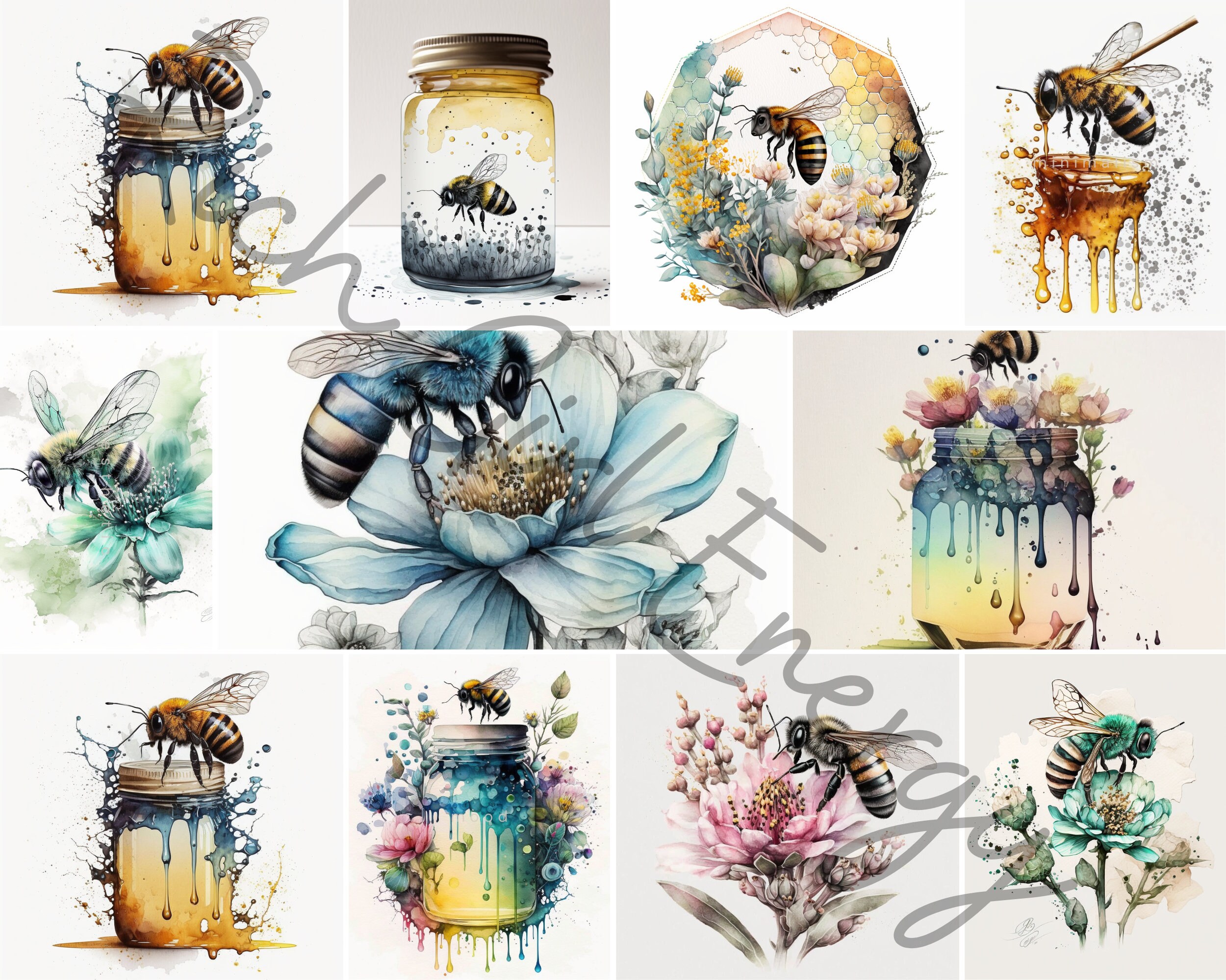 Watercolor Honey Bee Clipart, Spring Garden Bee, Honey Drips, Bees and ...