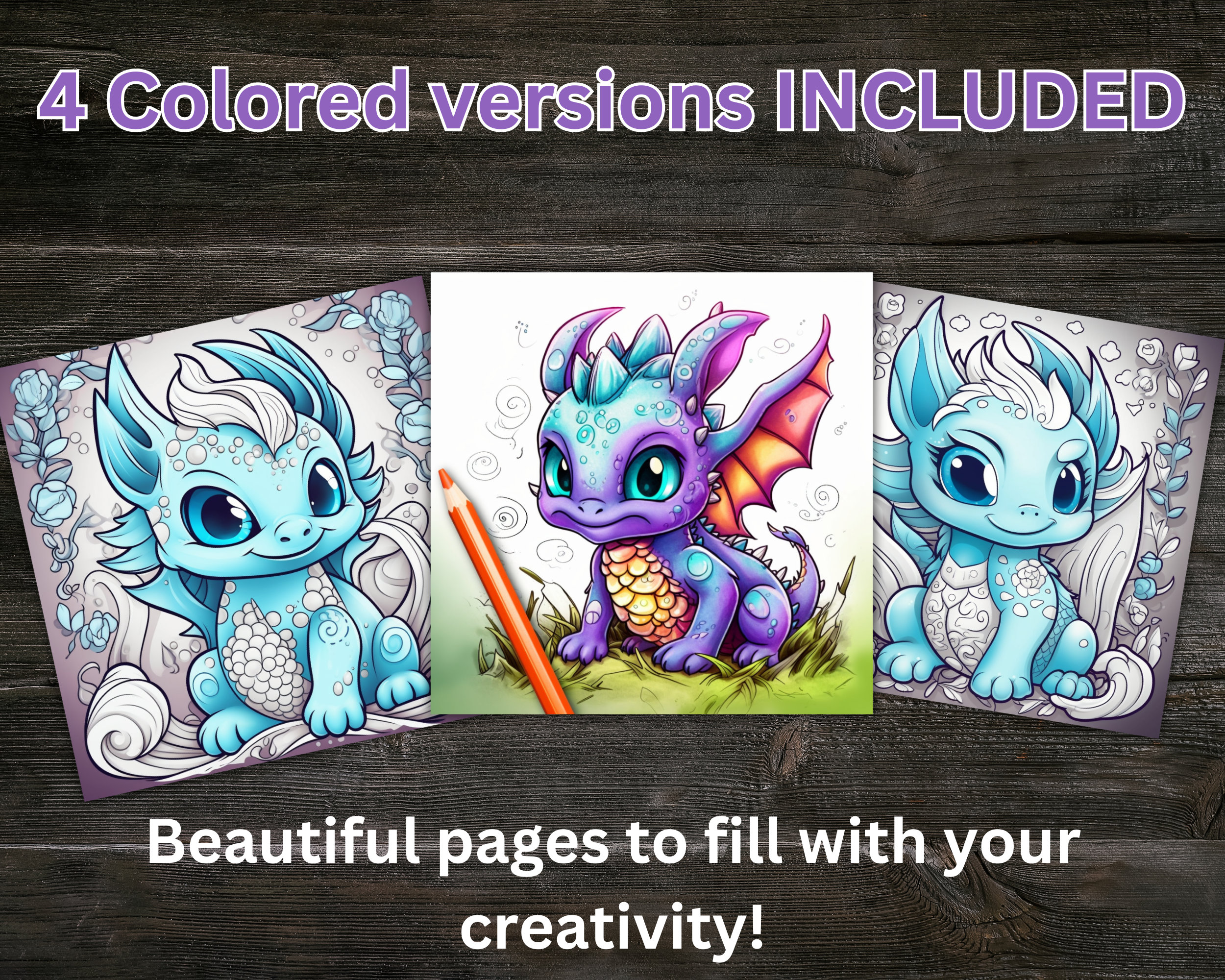 Cute Baby Dragon Fantasy Coloring Page Book, Adults + Kids- Instant ...
