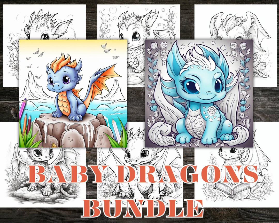 Baby Dragon Fantasy Coloring Page Book BUNDLE, Adults + Kids- Instant ...