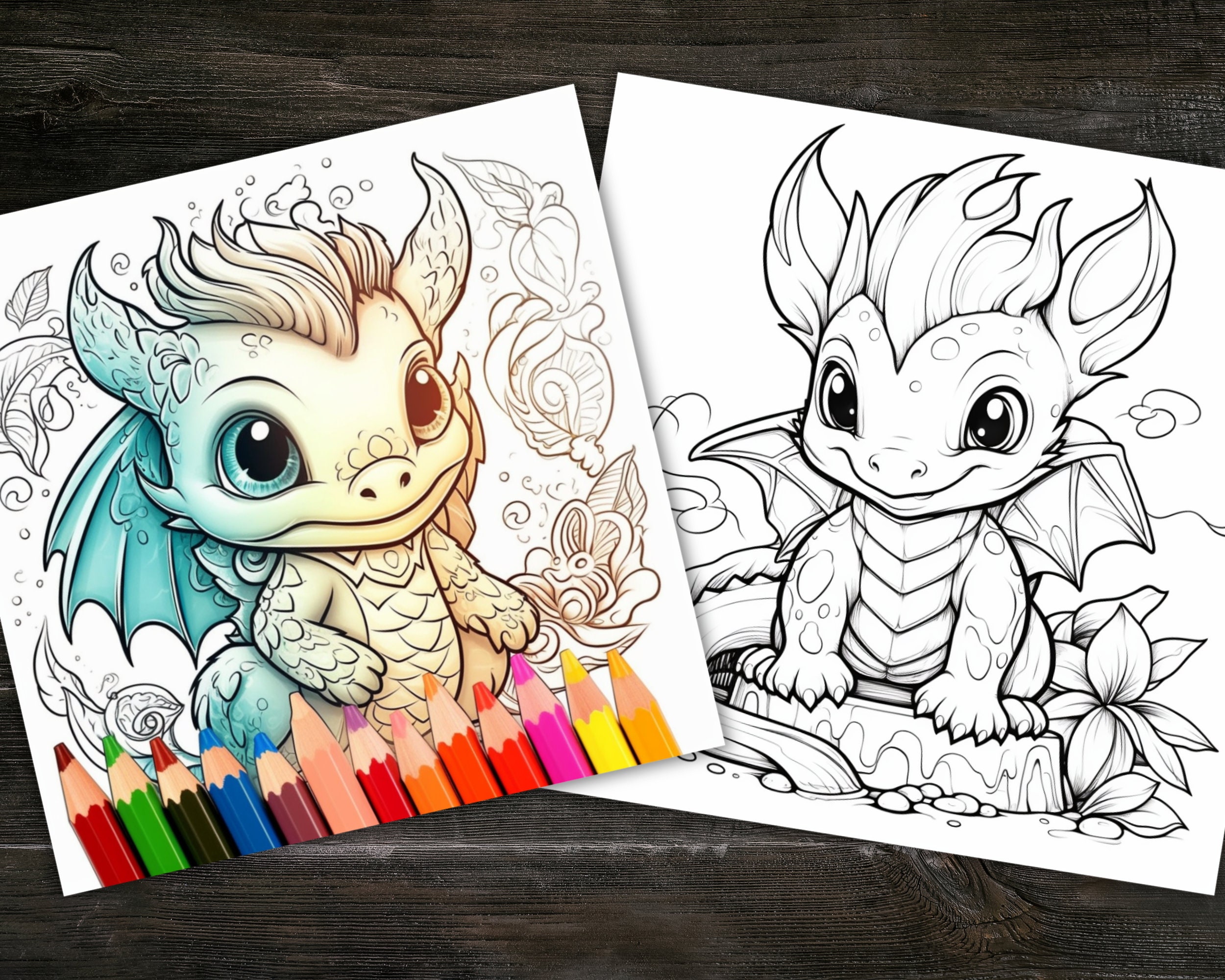 Baby Dragon Fantasy Coloring Page Book Adults Kids Instant - Etsy