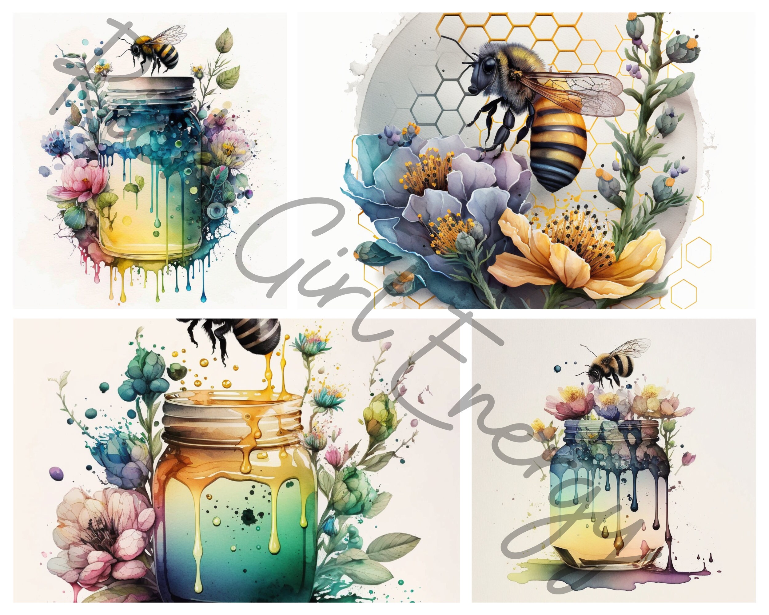 Watercolor Honey Bee Clipart, Spring Garden Bee, Honey Drips, Bees and ...