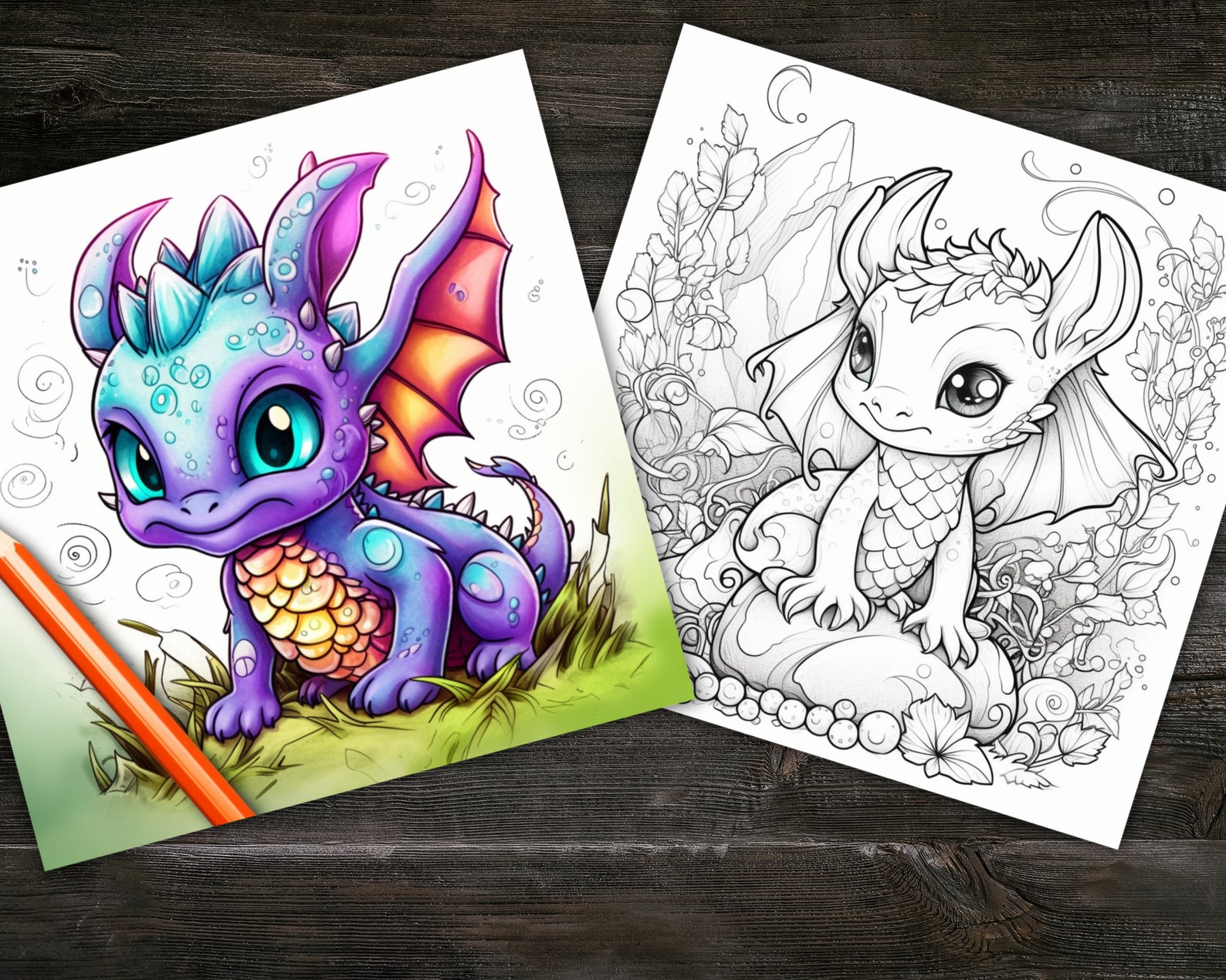 Baby Dragon Fantasy Coloring Page Book BUNDLE, Adults + Kids- Instant ...