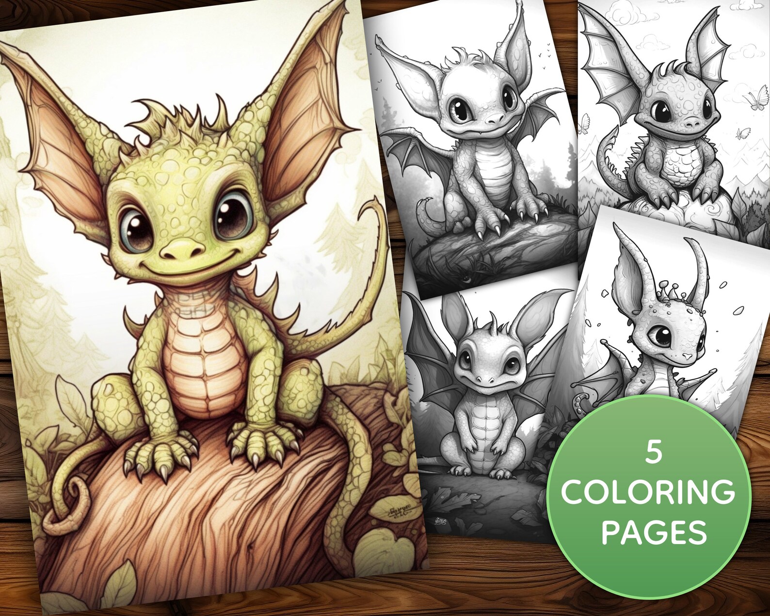 5 Cute Fantasy Dragon Coloring Page Book, Adults + Kids- Instant ...