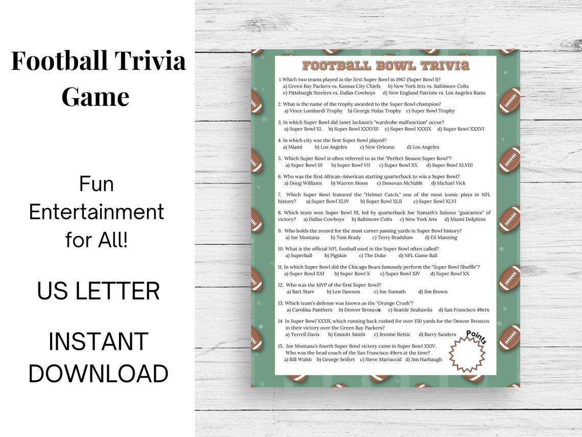Football Trivia Game, Printable Game, Football Bowl Activity , Game Day ...