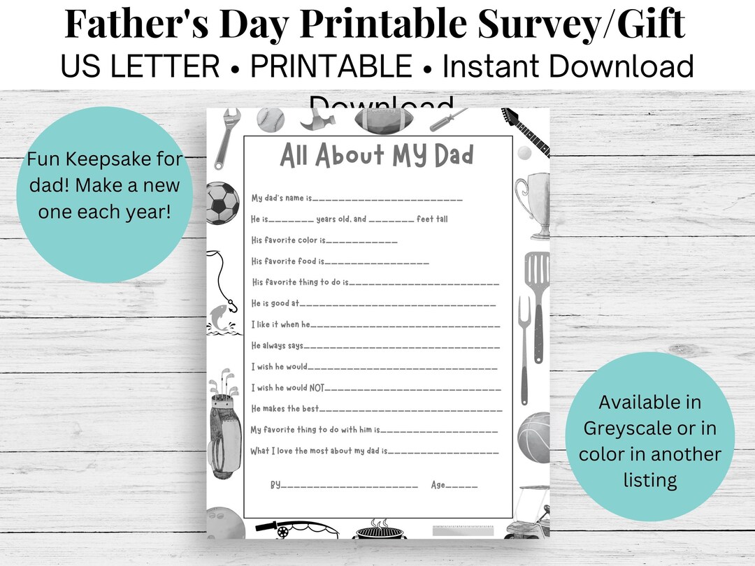 Father's Day "all About Dad" Survey Greyscale, Father's Day Gift ...