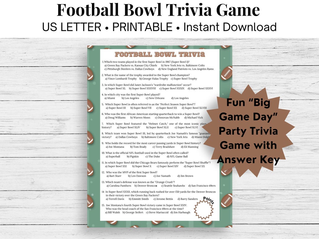 Football Trivia Game, Printable Game, Football Bowl Activity , Game Day ...