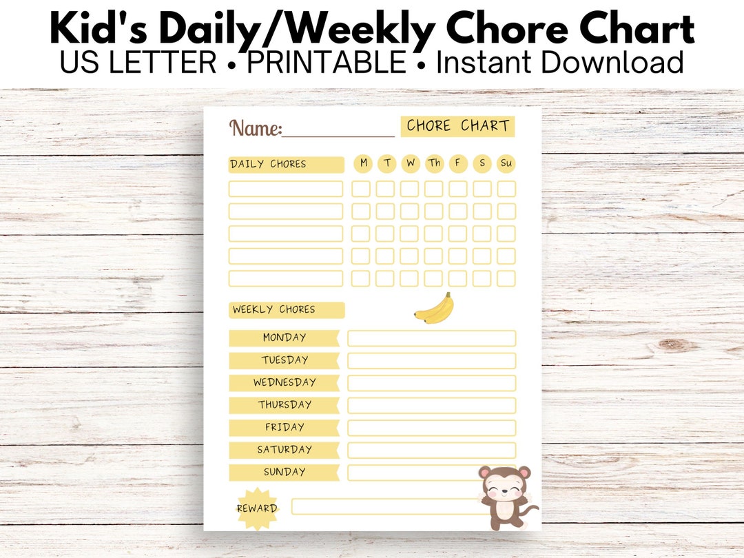 Kid's Printable Chore Chart-yellow Monkey Chore Chart for Kids Weekly ...