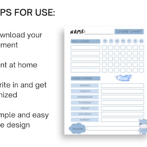 Kid's Printable Chore Chart Blue Hippo Rewards Chart Daily Chore ...