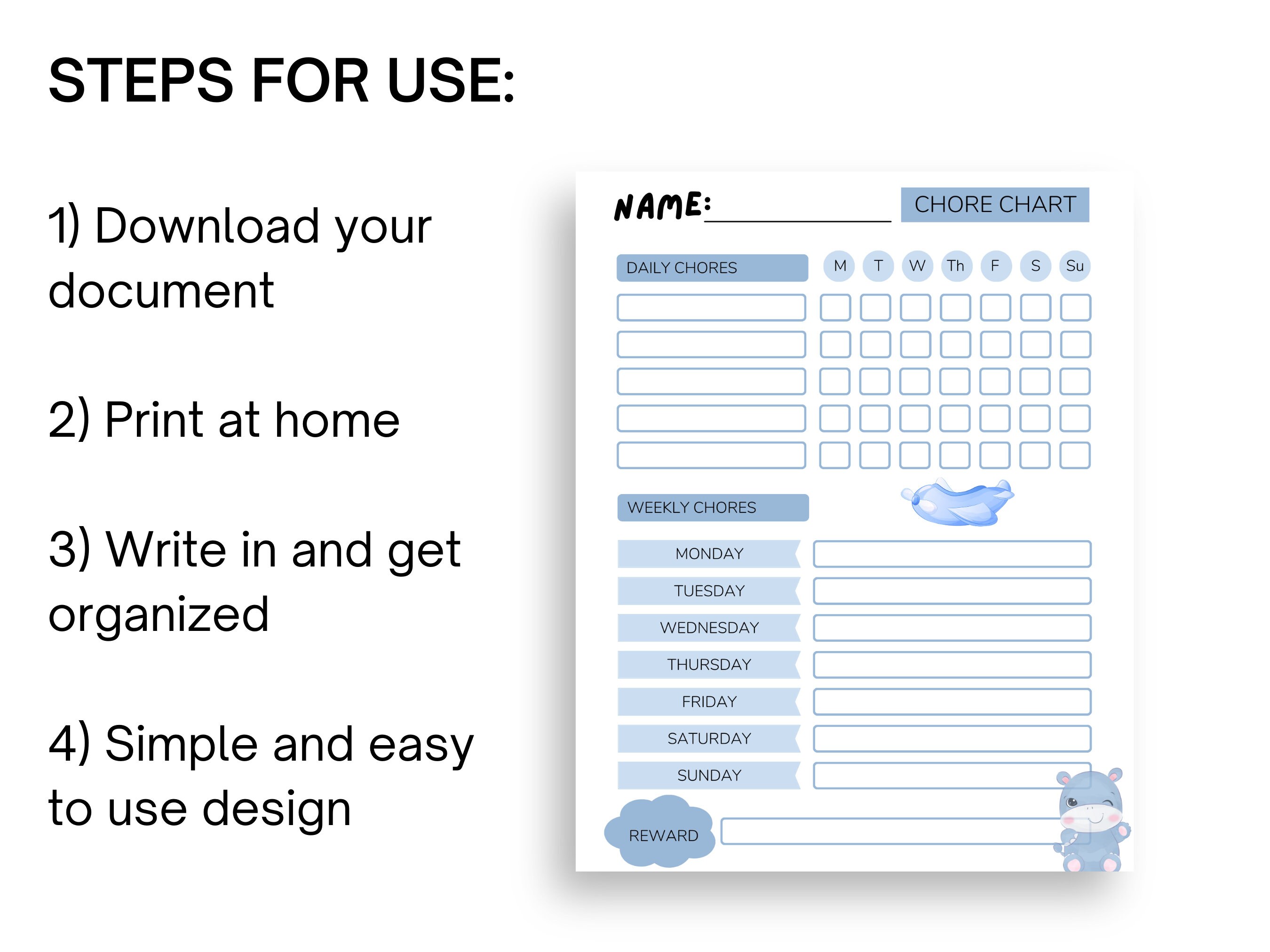Kid's Printable Chore Chart Blue Hippo Rewards Chart Daily Chore ...