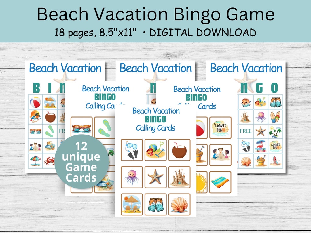 Beach Vacation Bingo Game, Beach Bingo Game, Vacation Activity, Beach ...