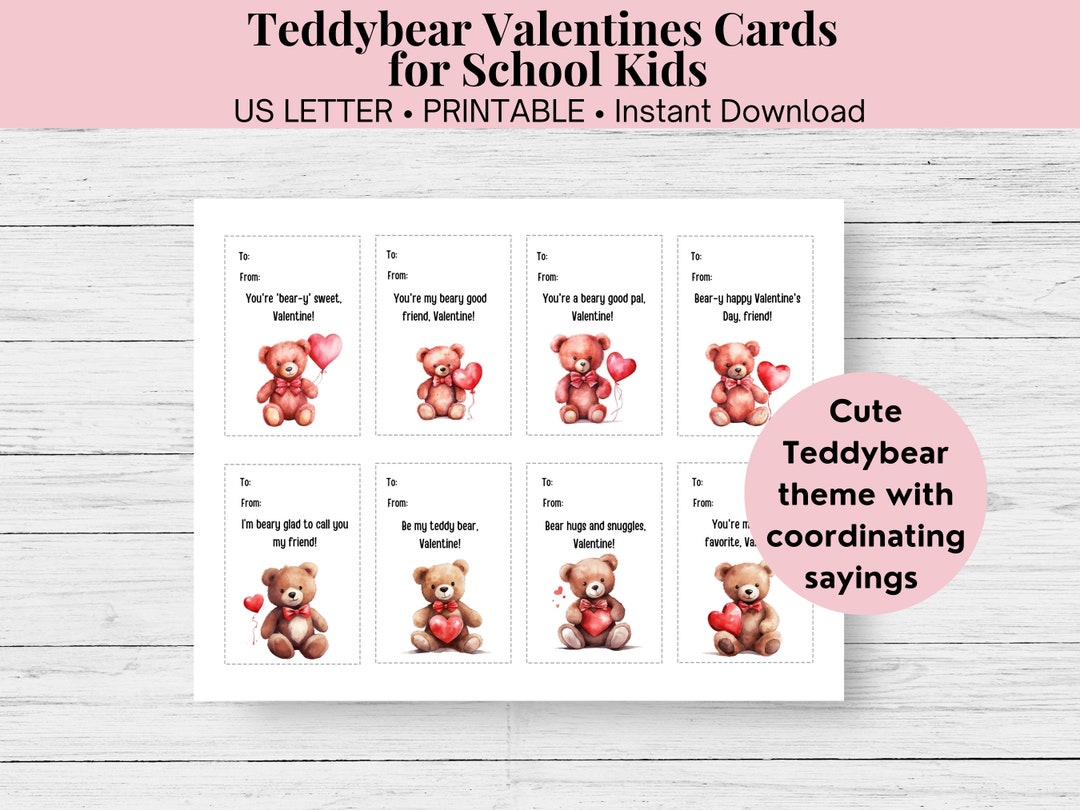 Kids Valentines Cards, Valentine Cards for School, Teddy Bear Themed ...