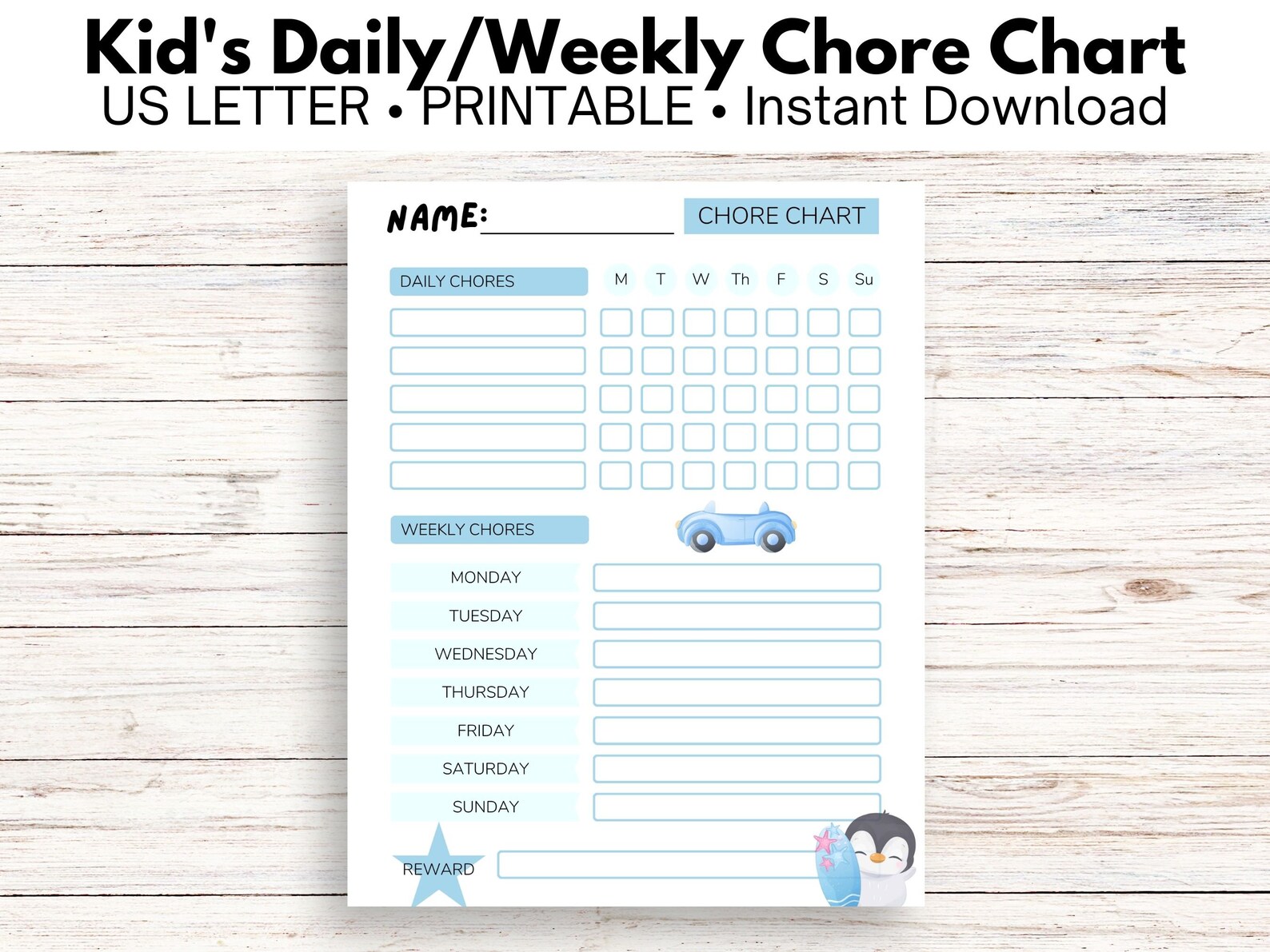 Kid's Printable Chore Chart Blue Surfing Penguin Fillable Chore Chart ...