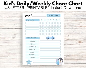 Editable Printable Chore Chart for Kids Blue & Green Design With ...