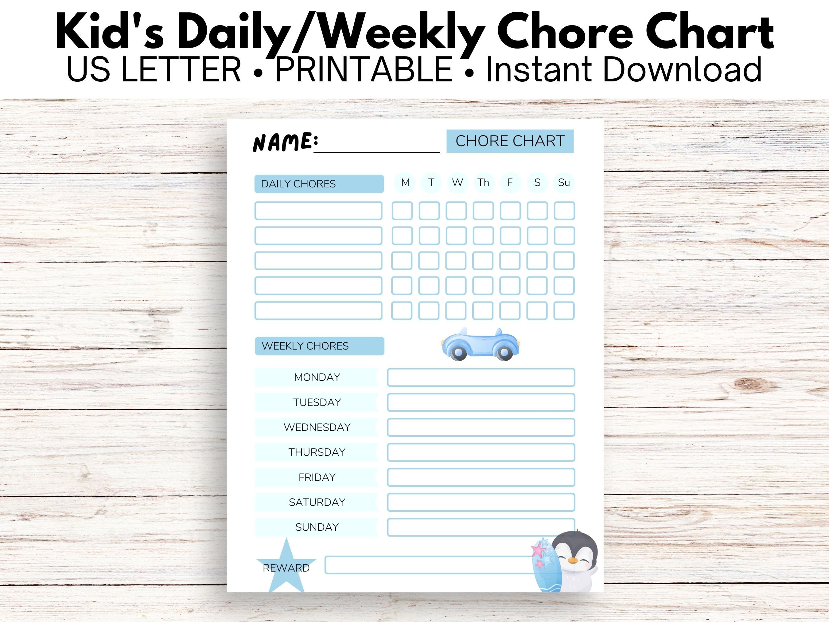 Kid's Printable Chore Chart Blue Surfing Penguin Fillable Chore Chart ...
