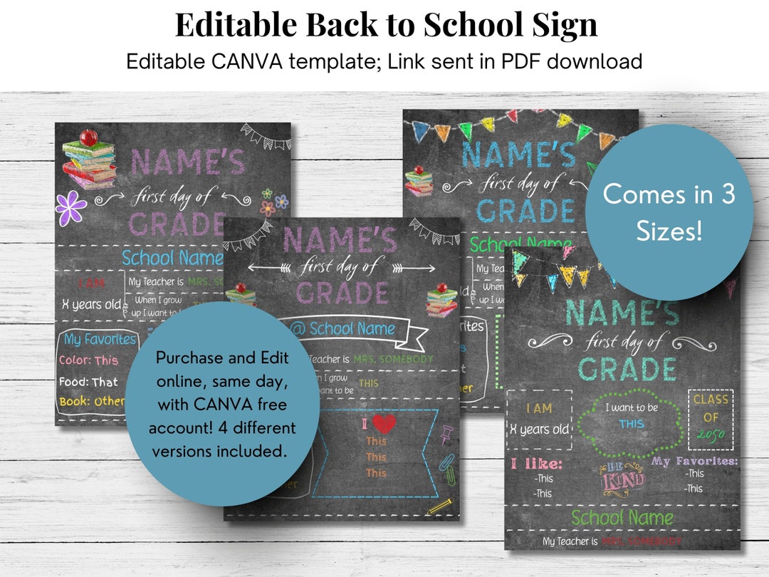 Editable Back to School Sign, First Day of School Chalkboard Style Sign ...