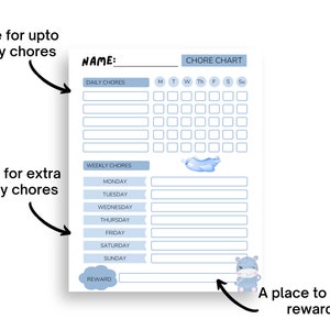 Kid's Printable Chore Chart Blue Hippo Rewards Chart Daily Chore ...