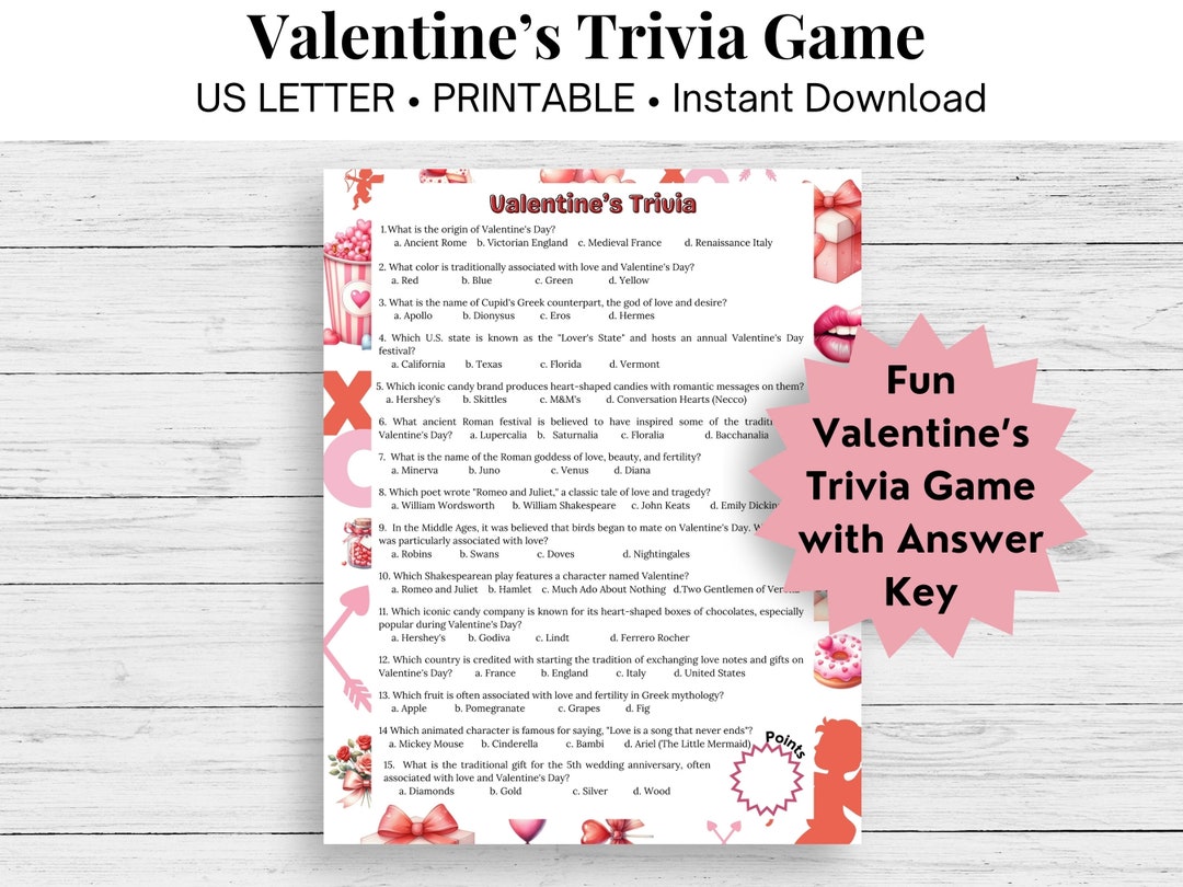 Valentine's Trivia Game, Printable Game, Valentine Activity, Valentine ...