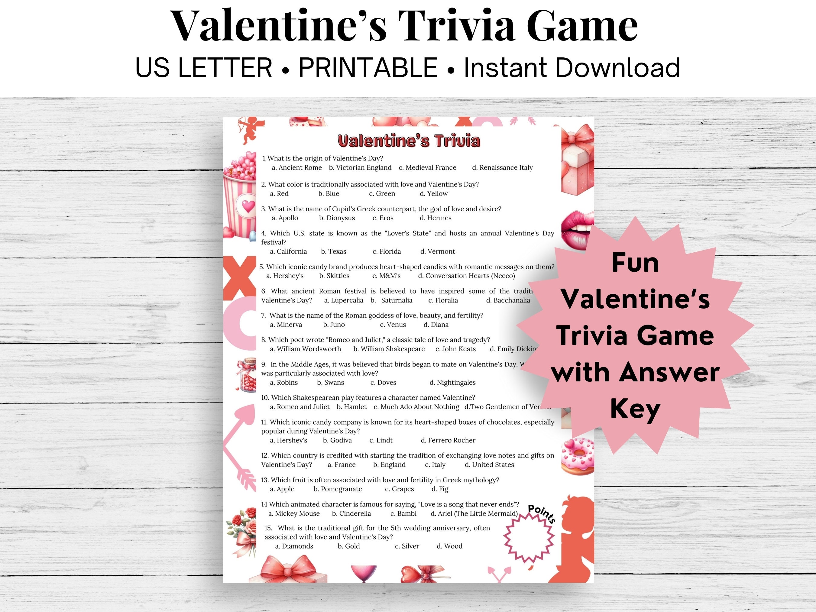 Valentine's Trivia Game, Printable Game, Valentine Activity, Valentine ...