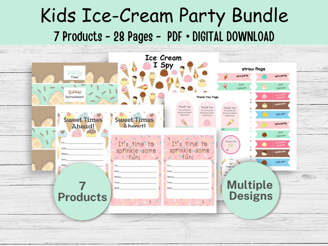Kids Ice Cream Birthday Party Bundle, Party Invites, Kids Party ...