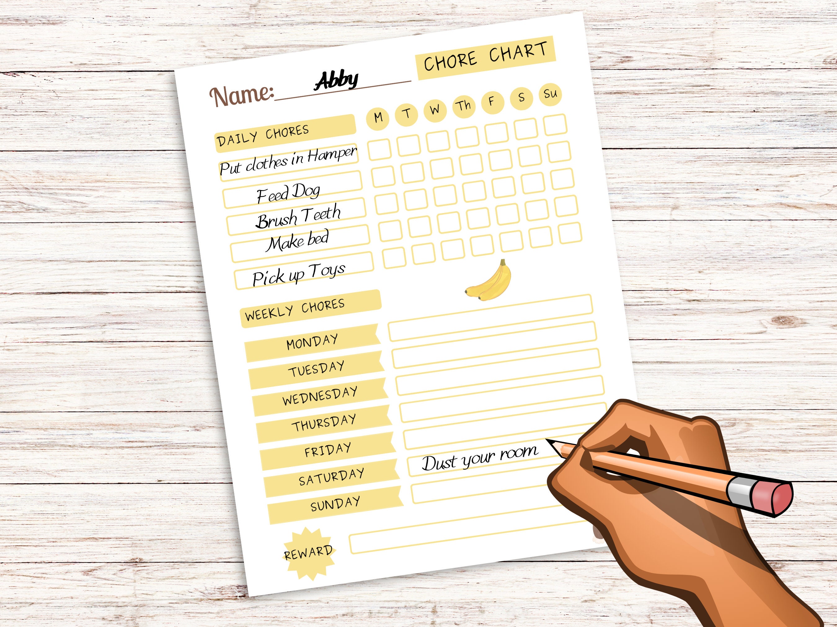 Kid's Printable Chore Chart-yellow Monkey Chore Chart for Kids Weekly ...