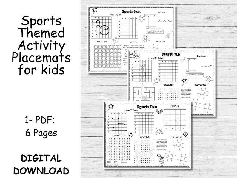 Printable Activity Placemat, Sports Themed Activity Mat, Sports Games ...