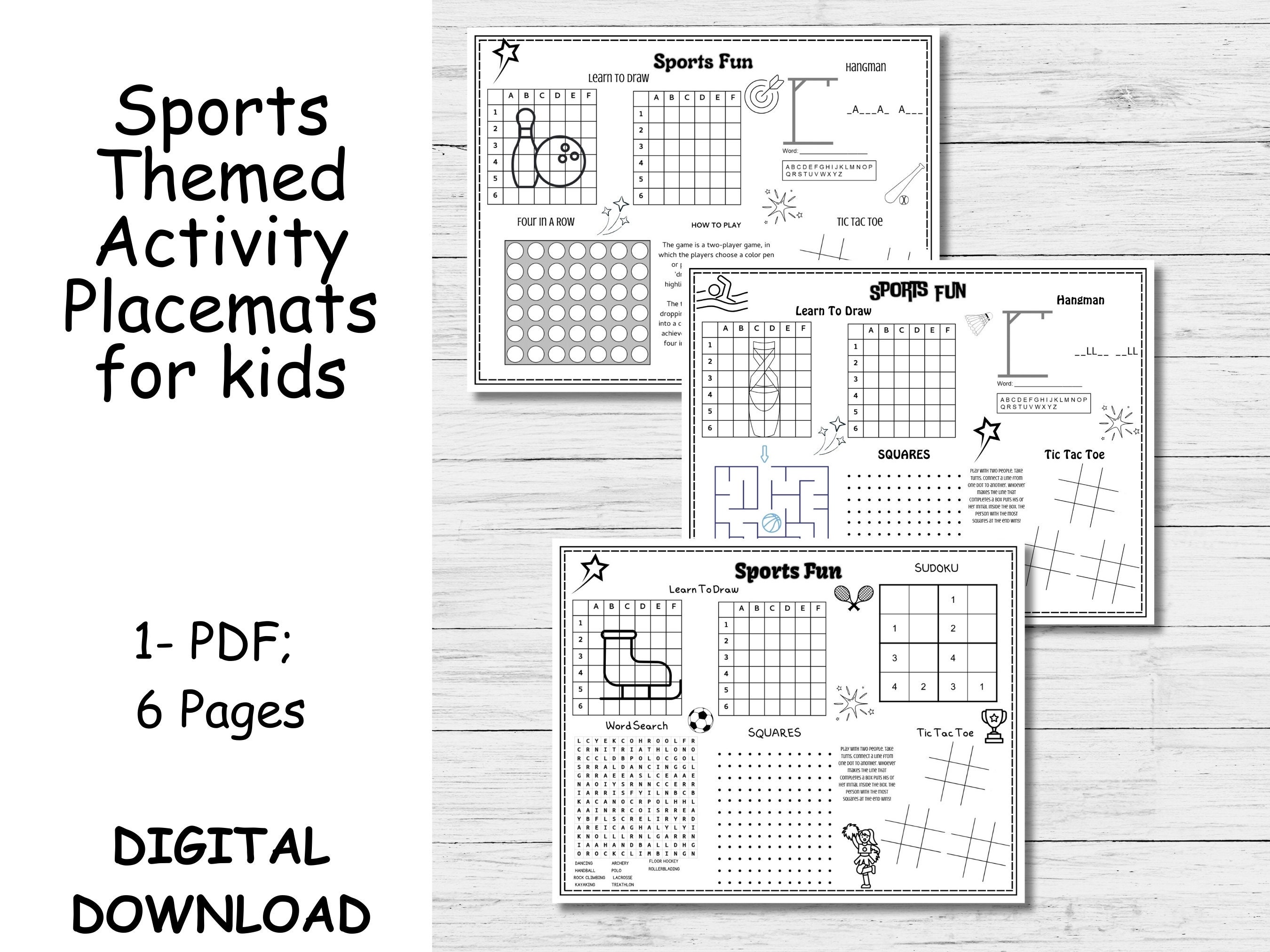 Printable Activity Placemat, Sports Themed Activity Mat, Sports Games ...