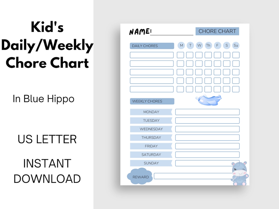 Kid's Printable Chore Chart Blue Hippo Rewards Chart Daily Chore ...