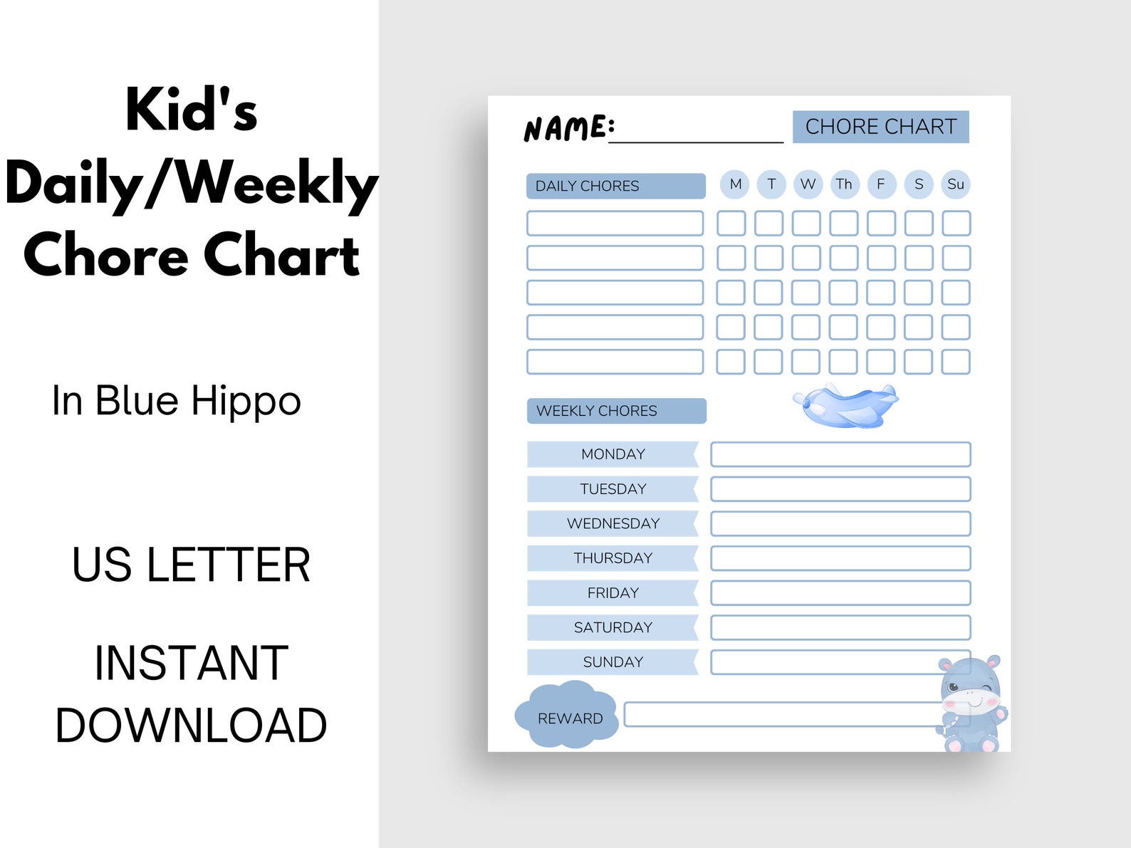 Kid's Printable Chore Chart Blue Hippo Rewards Chart Daily Chore ...