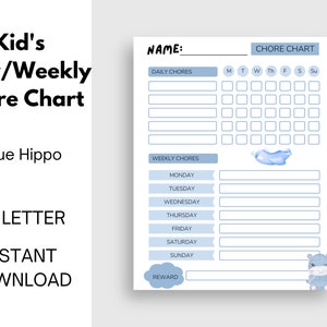 Kid's Printable Chore Chart Blue Hippo Rewards Chart Daily Chore ...